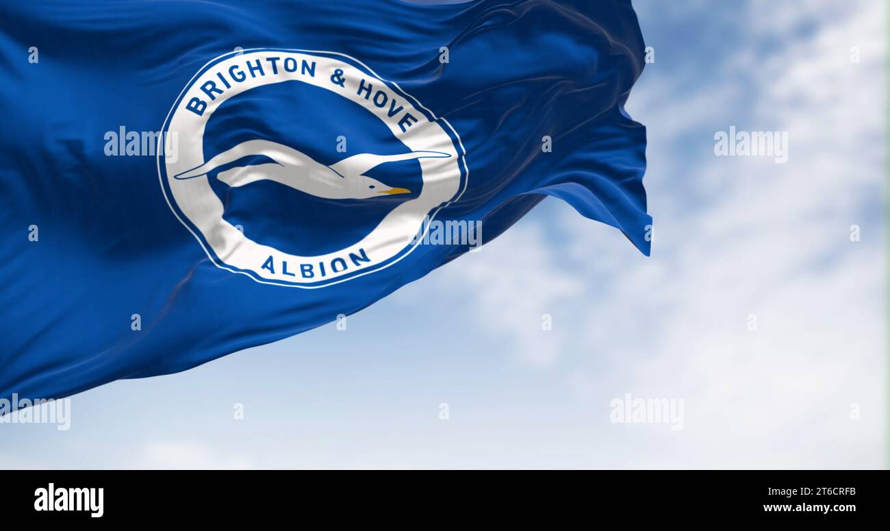 Brighton, UK, Oct. 23 2023: Brighton football club waving in the wind ...