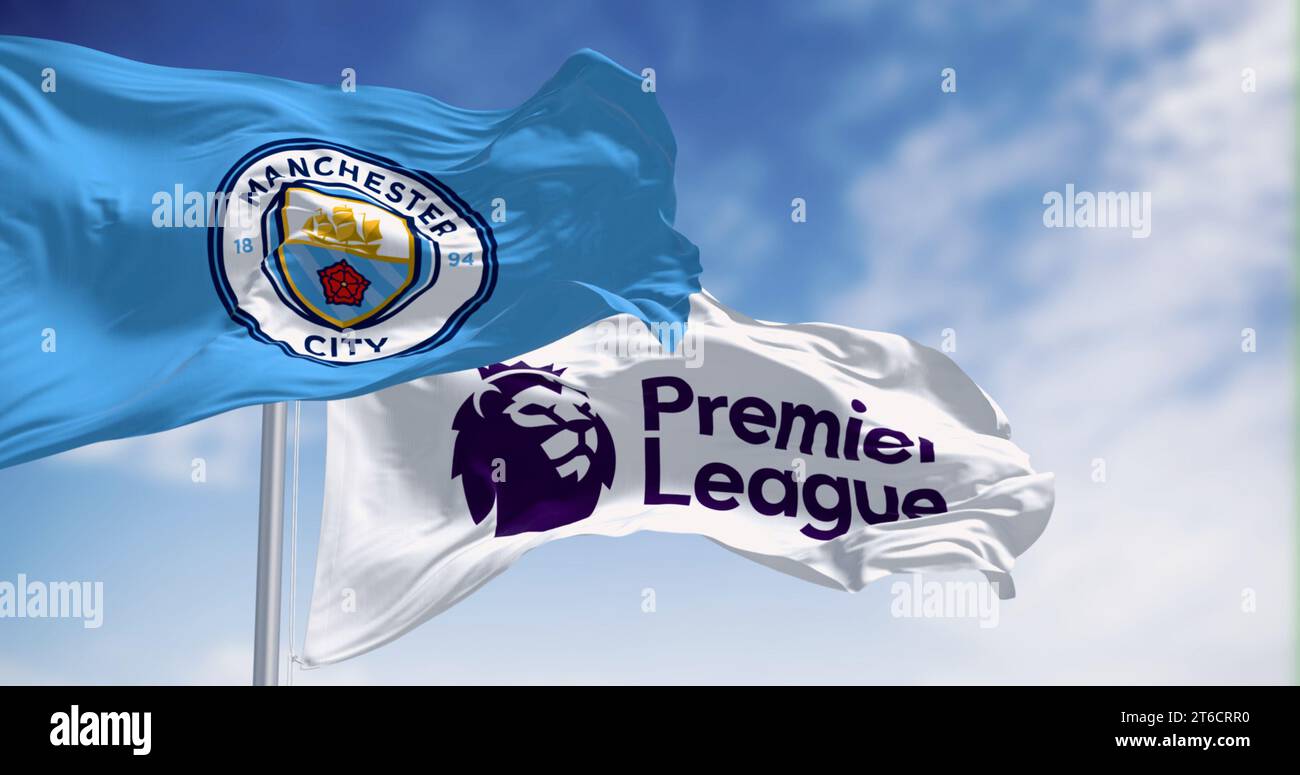 Manchester, UK, sept 10 2023: Flags of Manchester City and Premier ...