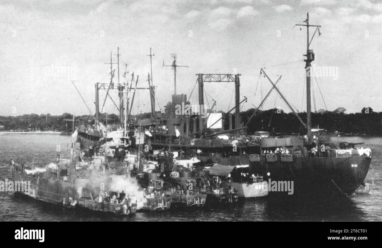 USS Briareus (AR-12) with USS George (DE-697) and three LCIs at ...