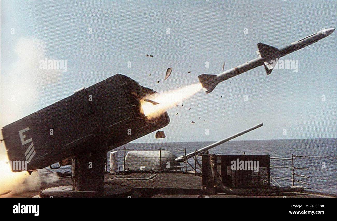 USS Briscoe (DD-977) launches a RIM-7 Sea Sparrow, circa in 1987 Stock ...