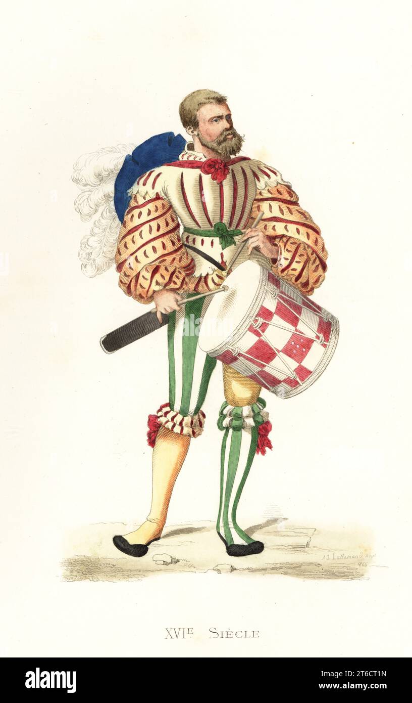 German Landsknechte drummer, 16th century. In blue felt hat with plumes ...