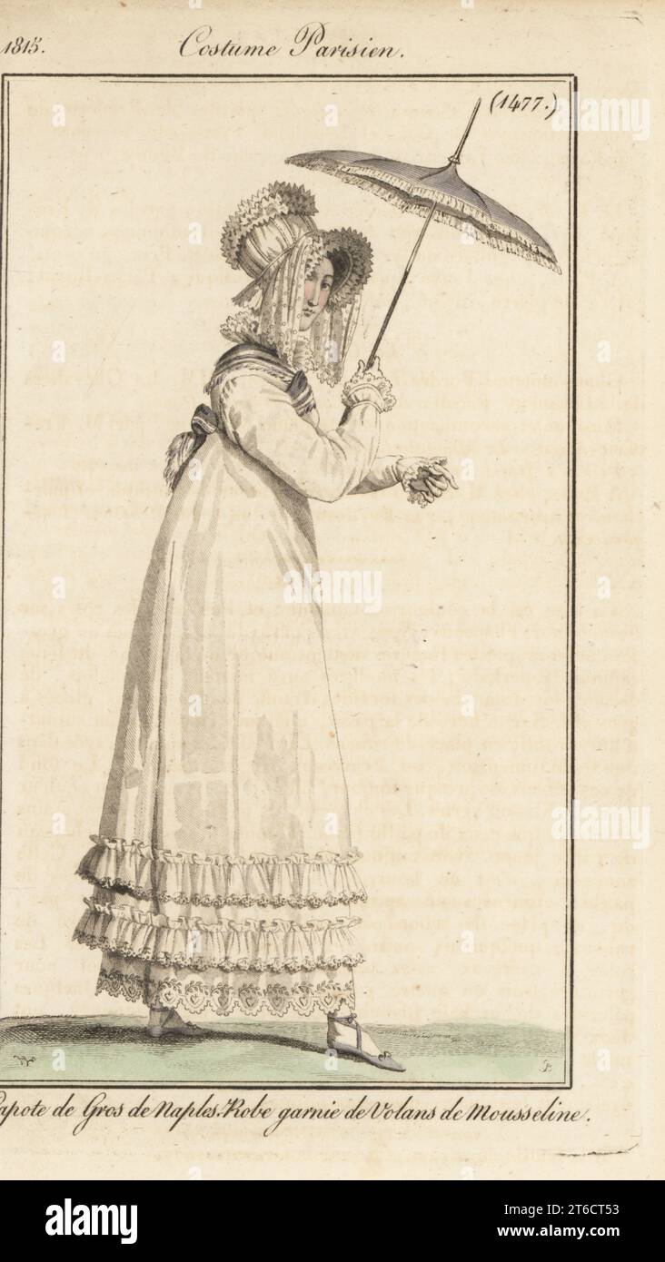 French woman in silk hood bonnet, dress decorated with muslin bows ...