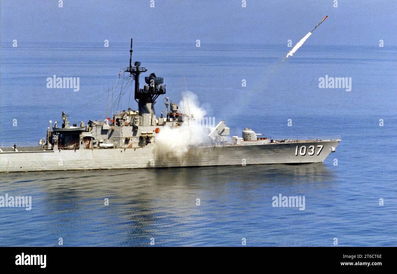 USS Bronstein (FF-1037) firing a RUR-5 ASROC, circa in the 1980s (S-550 ...