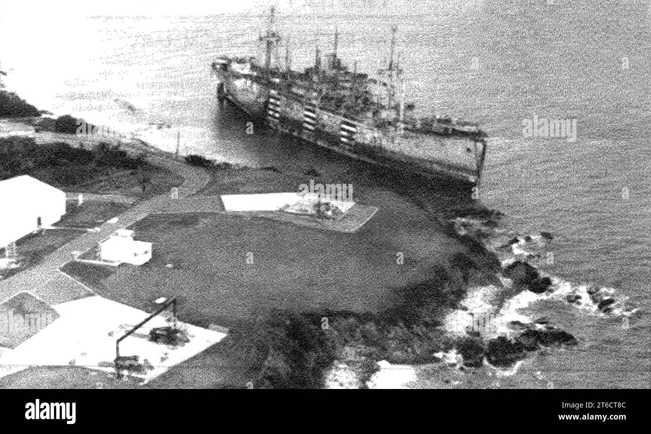 USS Brookings (APA-140) aground on Isla Cabras, Naval Station Roosevelt ...
