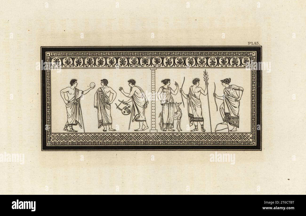 Apollo, Diana and a nymph at right, and poet, musician with lyre and ...