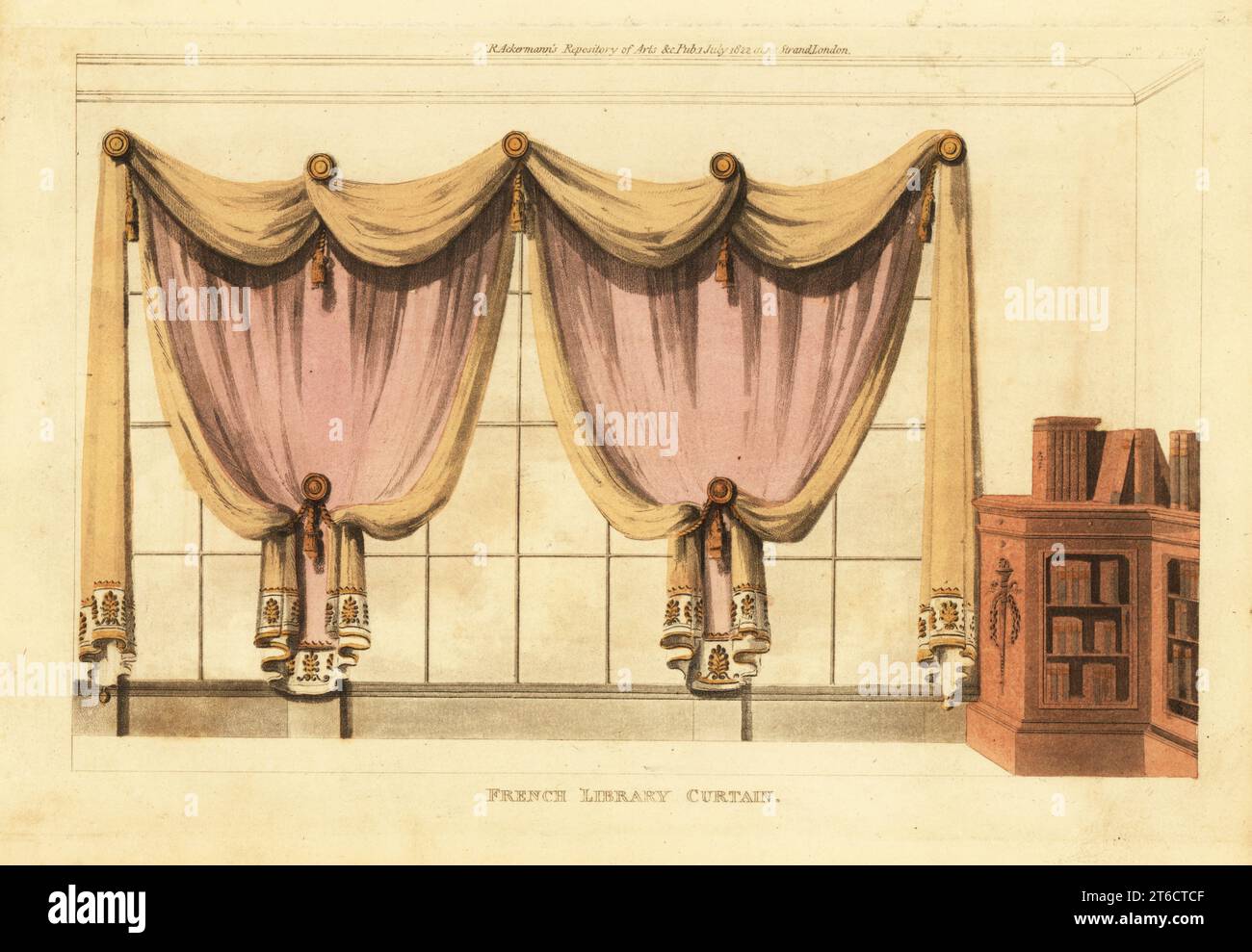 French library curtains, 1812. Drapery hanging from brass rosettes ...
