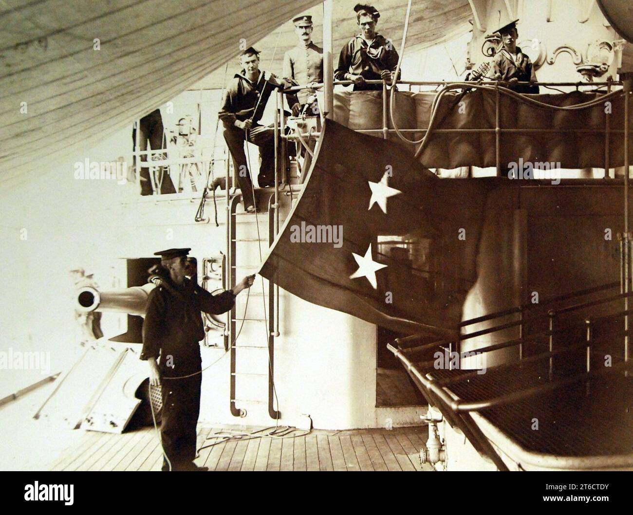 USS Brooklyn (ACR-3), lowering Rear Admiral Schley’s flag, 1898 ...