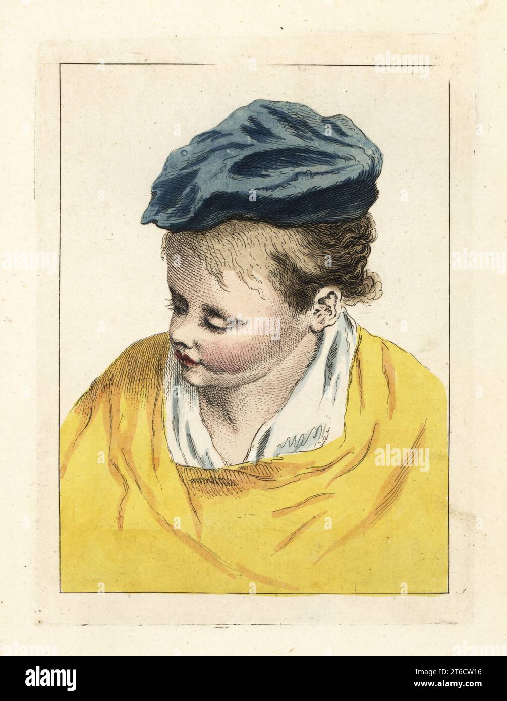 Figure of a girl in velvet cap looking down, from a painting by old ...