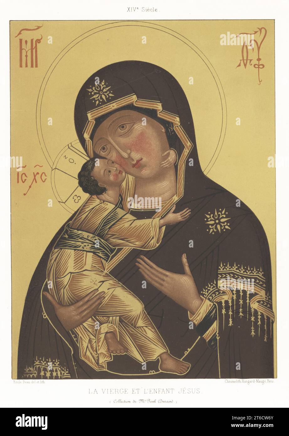 Virgin Mary and the infant Jesus in cross halo. With the inscription IC ...