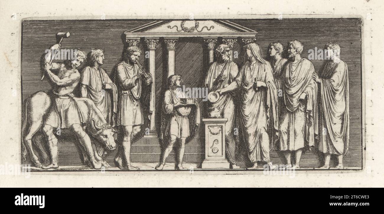 An Etruscan woman in veil burns offerings at an altar before a temple ...