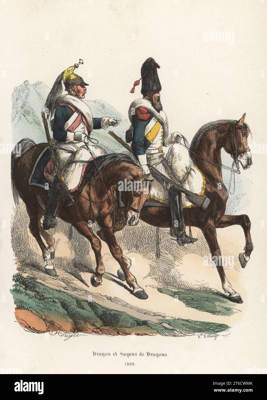 Uniforms of French dragoons of the line, 1809. Dragoon in brass helmet with sealskin turban ...