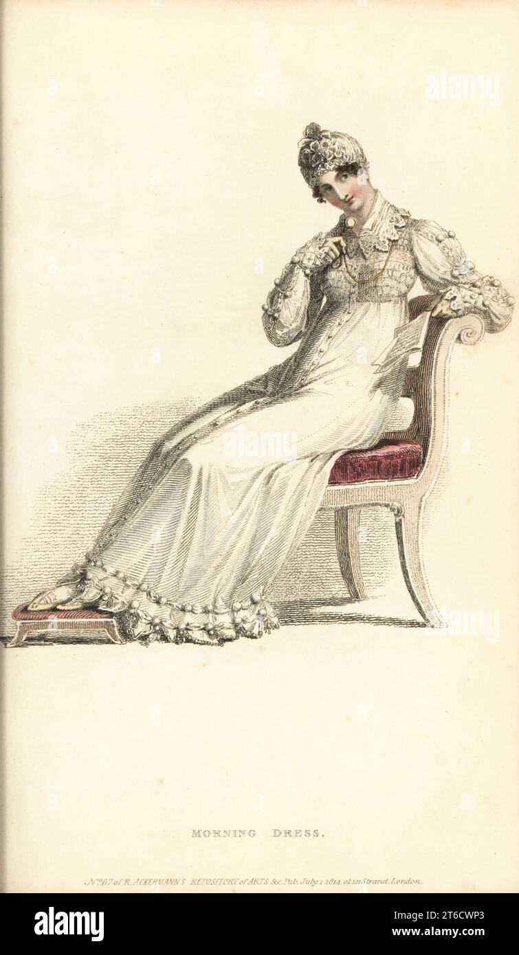 Regency woman in morning dress reading a letter with a lorgnette ...