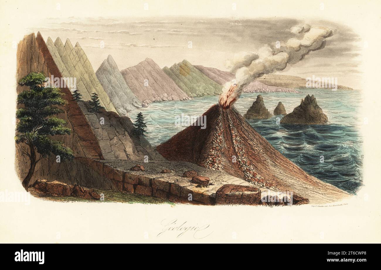 Geology. View of an active volcano spewing flames and smoke near a ...