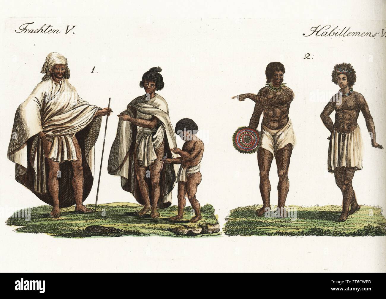 Costumes of the people of the Pacific, 18th century. Polynesian man and ...