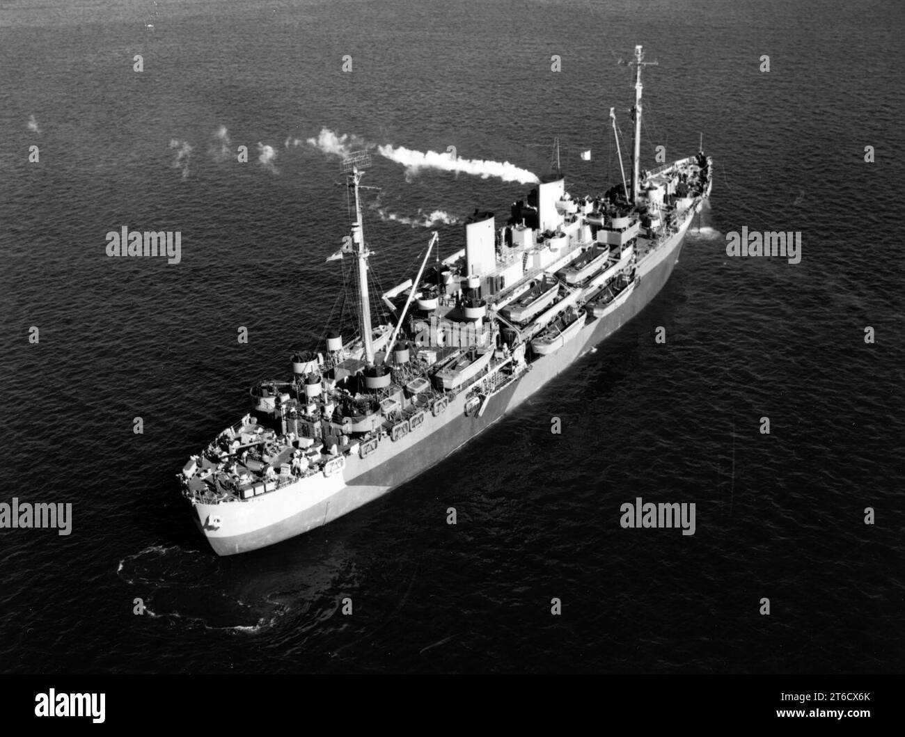 USS Butte (APA-68) dropping anchor off San Pedro, California (USA), on ...
