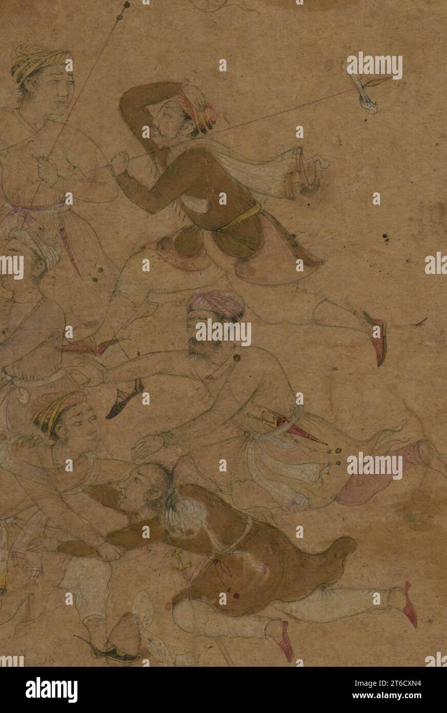 Men fleeing from an elephant, early 11th century AH/AD 17th century. This Mughal black-ink and ...