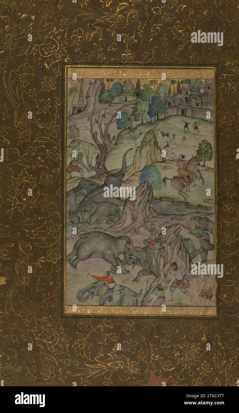 Single Leaf of Elephants on a River Bank, late 10th century AH/AD 16th ...