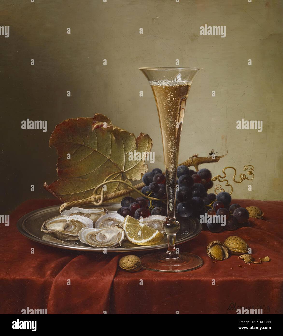 Still Life, 1859. On a table covered with a red cloth are a slender ...