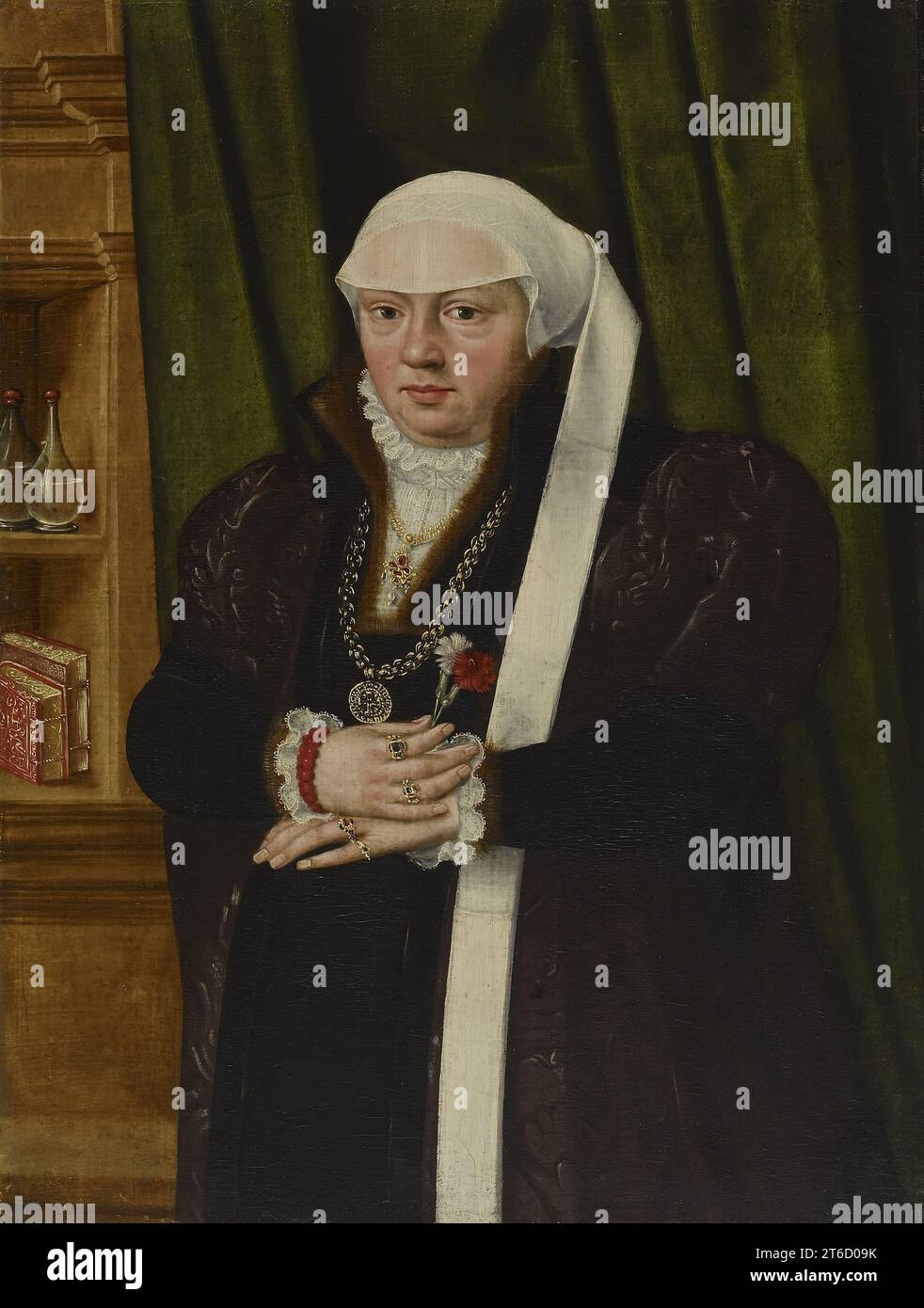 Portrait of a Woman with Pinks, c1540. A three-fourths length standing ...
