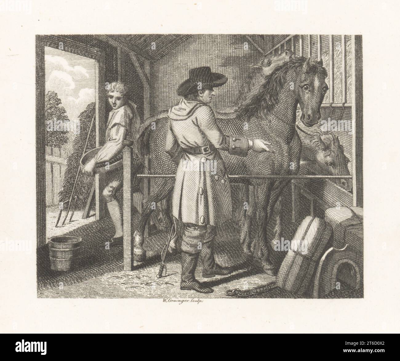 The Pack-Horse and the Carrier. Three horses feed at a manger in a ...