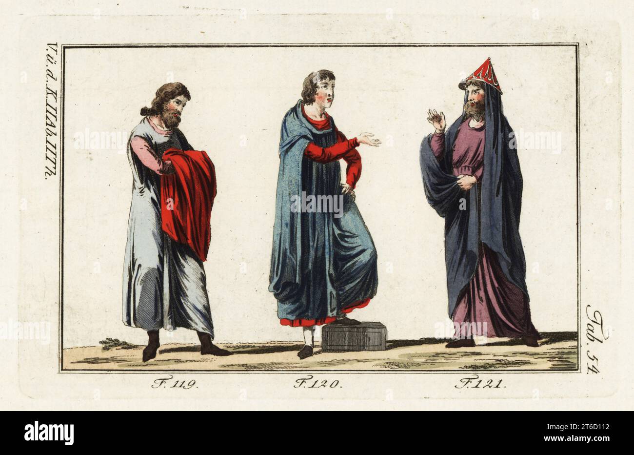 Three Norman men in costume of the 12th century. Man in a surtout ...