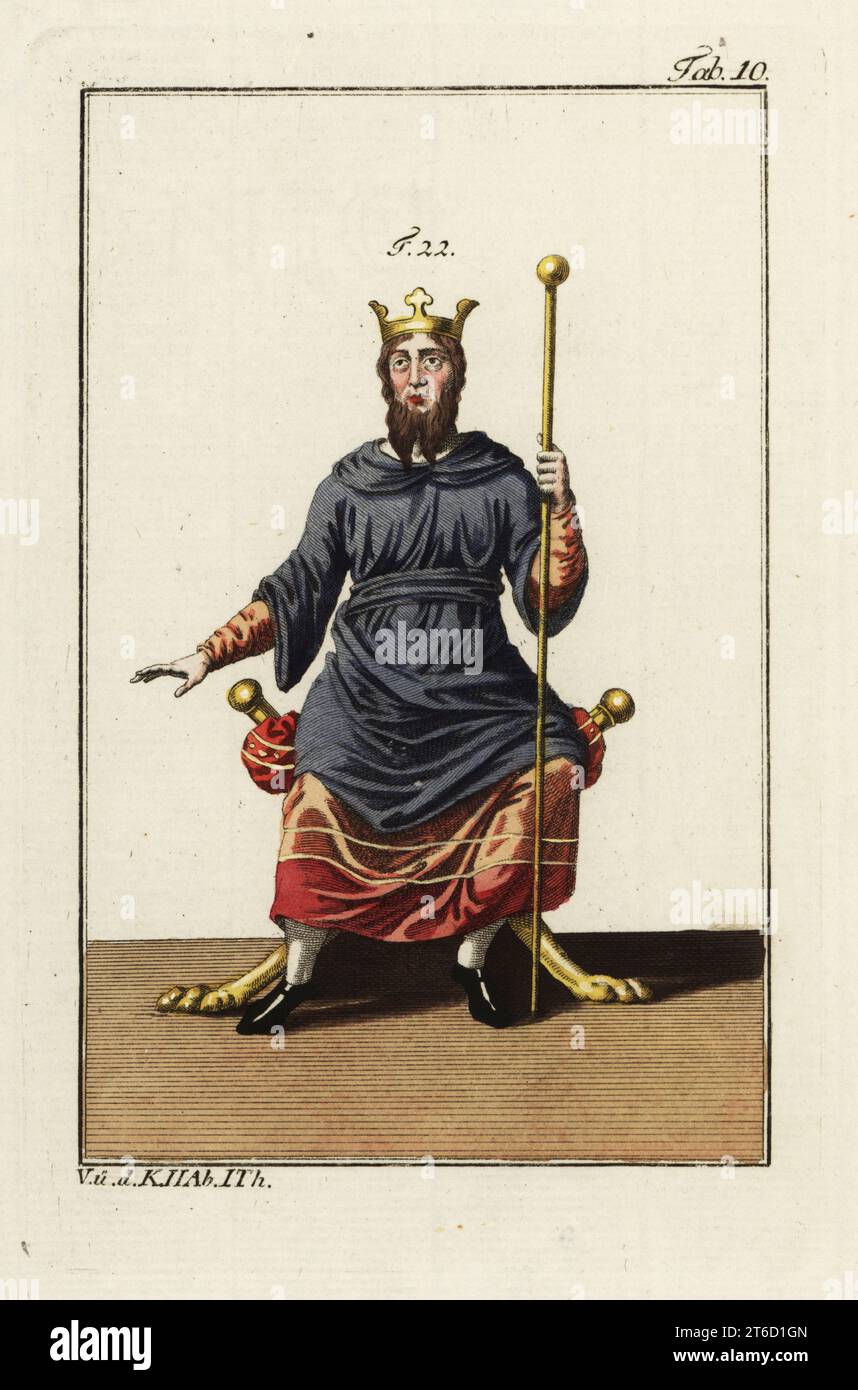 Anglo saxon king seated on a throne wearing a long blue tunic over a ...