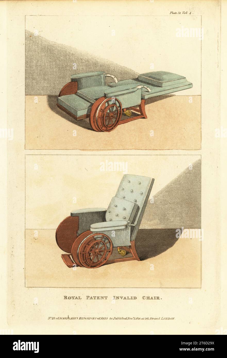 Royal patent invalid chair, 1810. Wheelchair with reclining back and ...