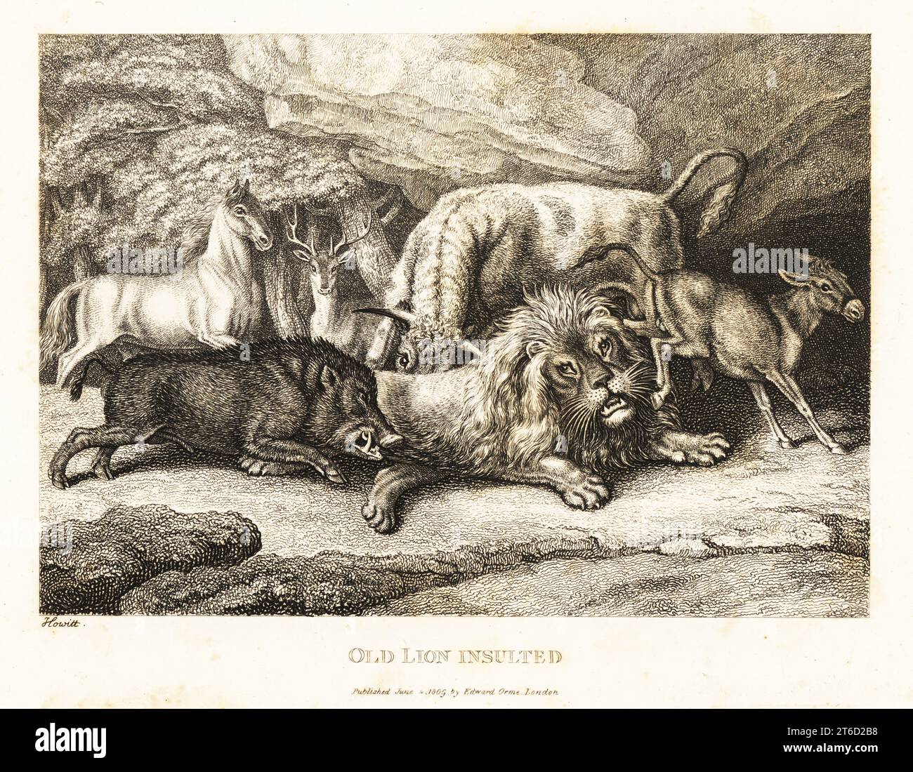 A weak and dying lion is attacked on all sides. A donkey kicks him in ...