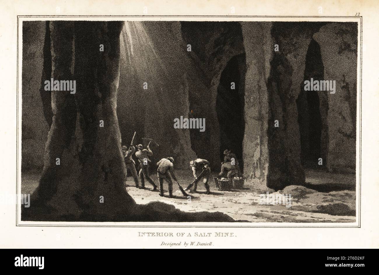 Workers using pick axes and baskets to mine rock salt in mines in ...