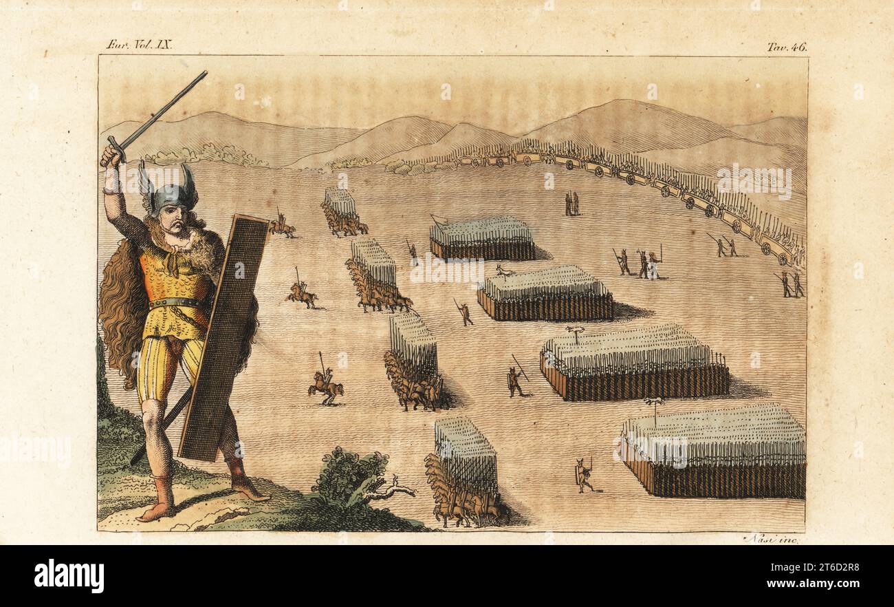 Ancient Germanic warriors on a battlefield. Formations of cavalry ...