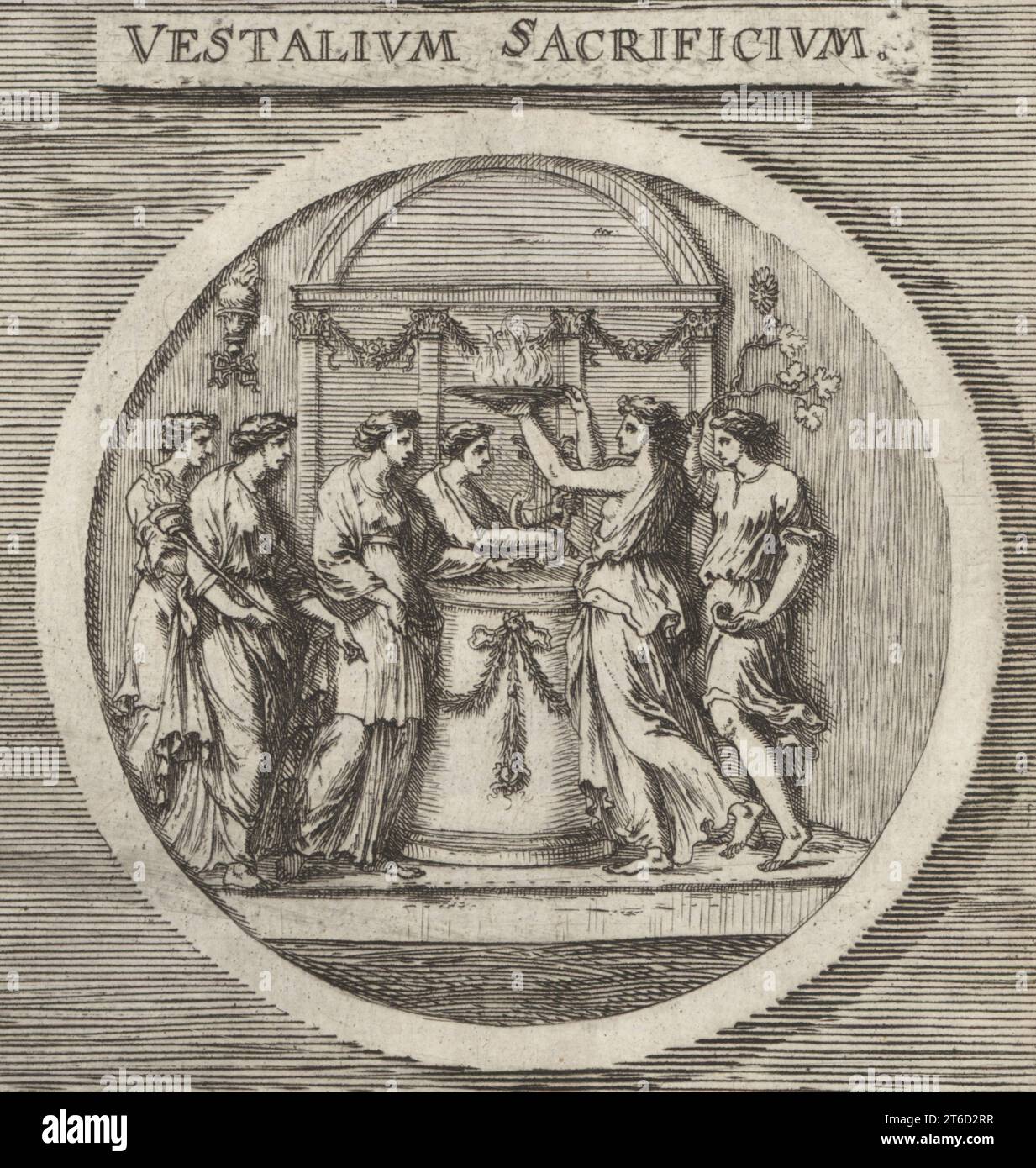 Virgins making a sacrifice at an altar to the Roman goddess Vesta ...