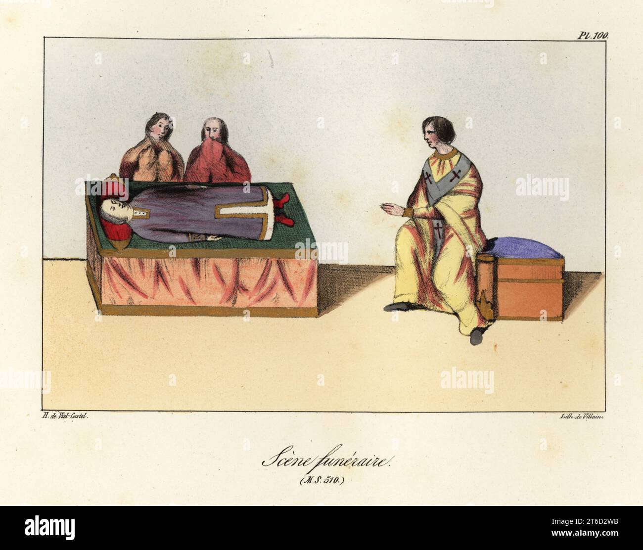 Two mourners praying over a dead body on a bier with a priest, funeral ...