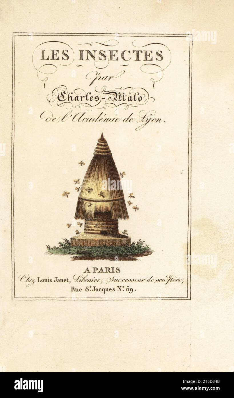 Title page with calligraphic title and vignette of beehive with bees ...