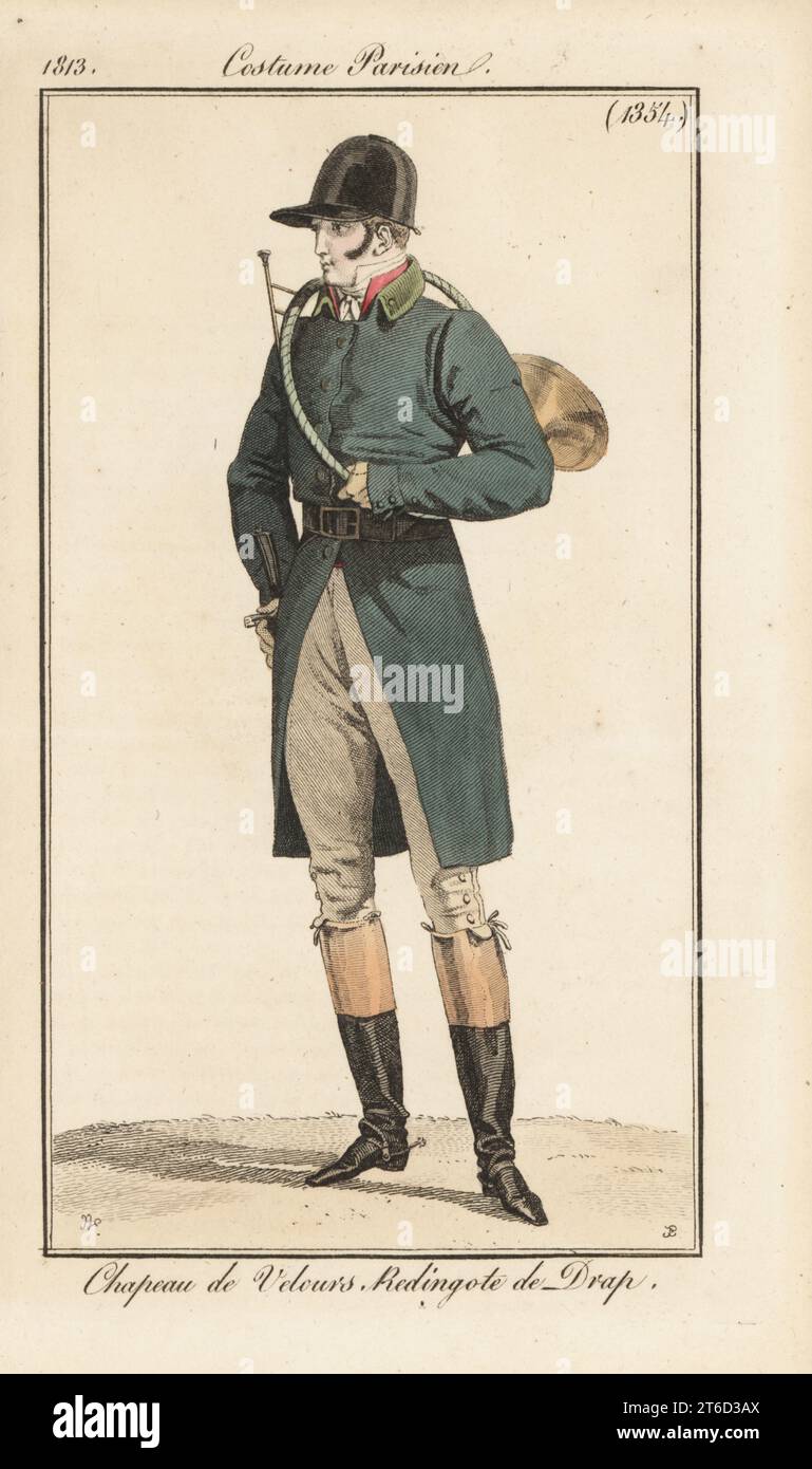 French huntsman in velvet riding cap, wool riding coat, breeches and ...
