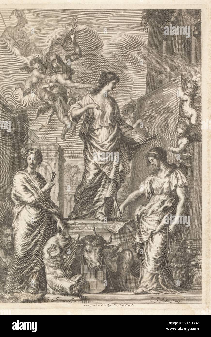 Allegorical frontispiece with personifications of the arts. Sculpture with chisels, Painting ...