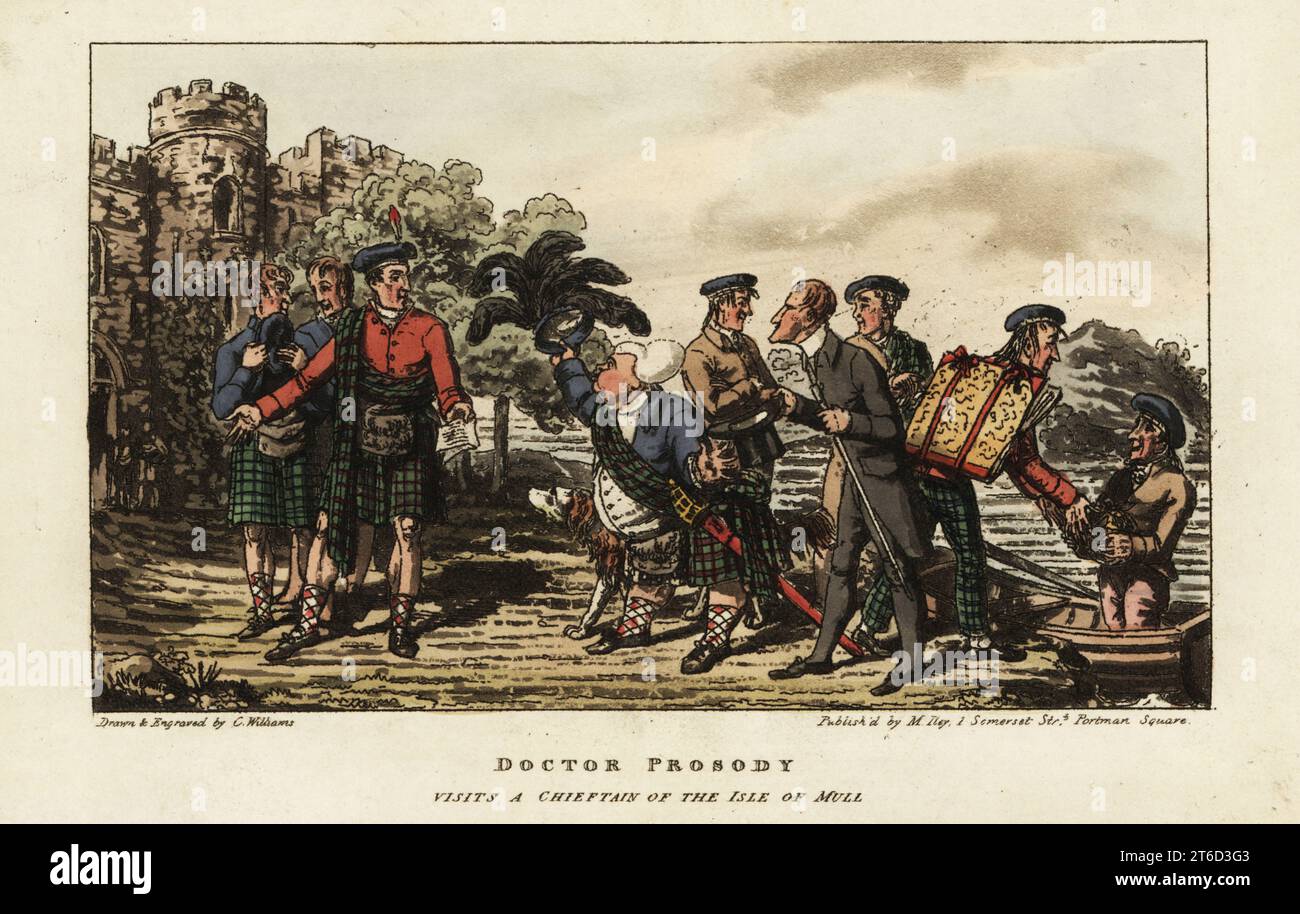 English tourist in a tartan kilt meeting a clan chieftain outside a ...