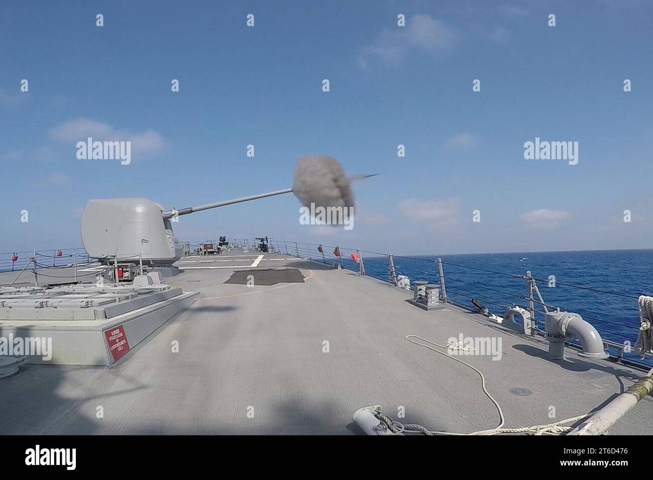 USS Carney (DDG-64) firing Mk 45 5-inch gun in the Mediterranean 160807 ...