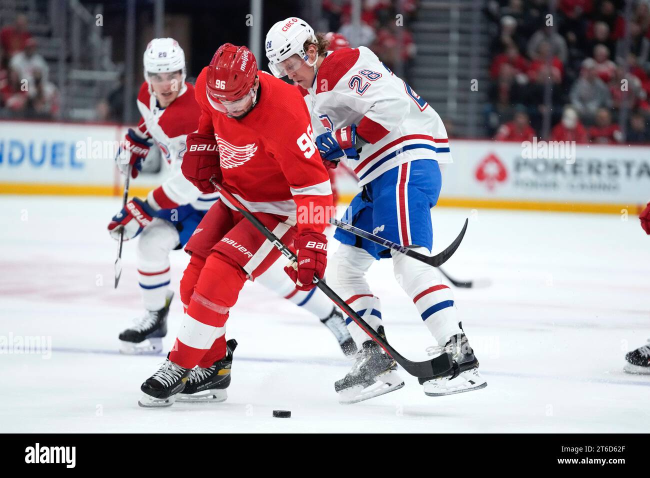 Detroit Red Wings defenseman Jake Walman (96) and Montreal Canadiens ...