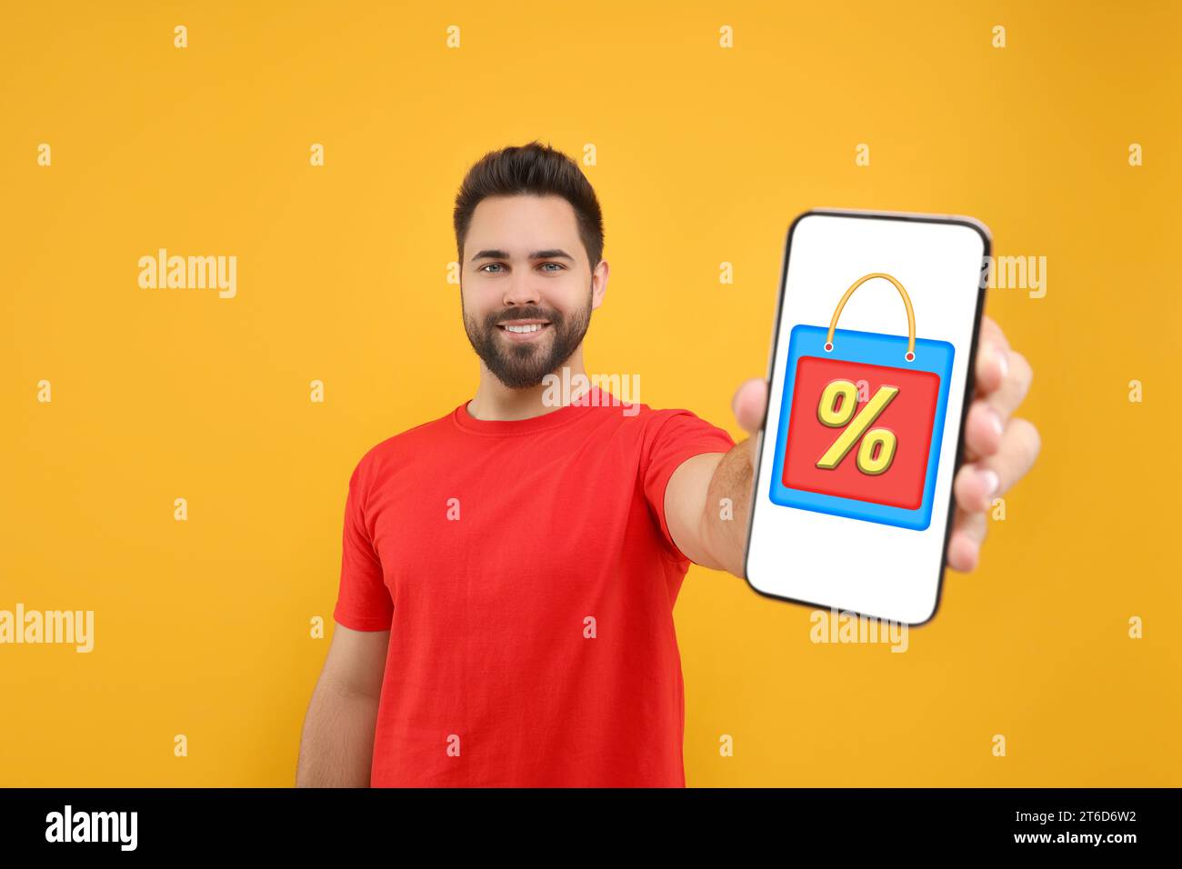 Discount, offer, sale. Man showing mobile phone with illustration of ...
