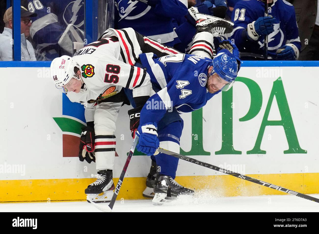 Tampa Bay Lightning defenseman Calvin de Haan (44) checks Chicago ...