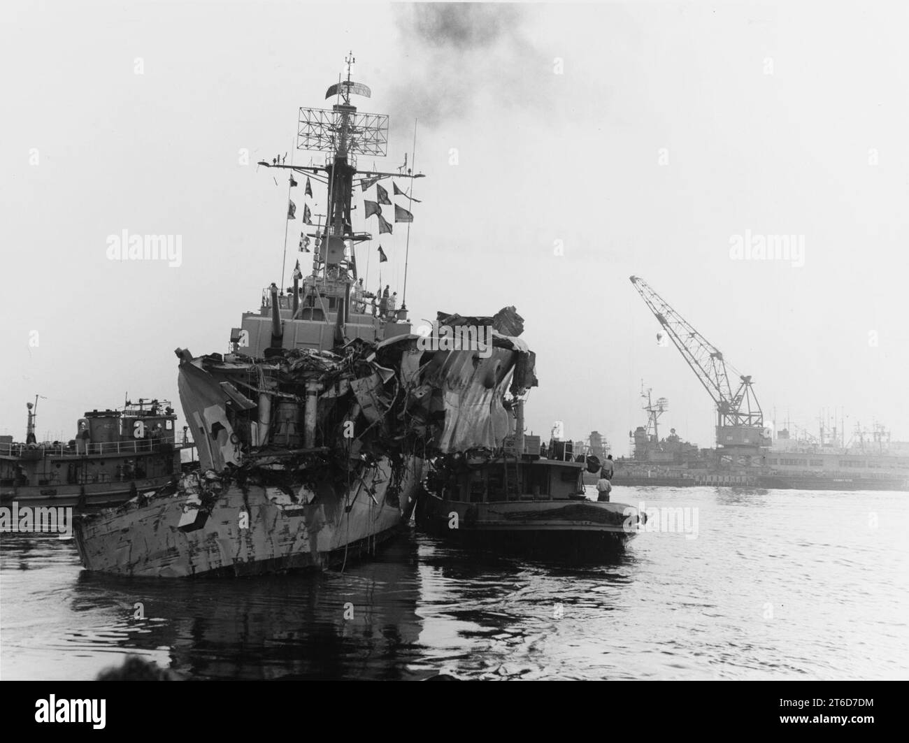 USS Collett (DD-730) in port, following her 19 July 1960 collision ...