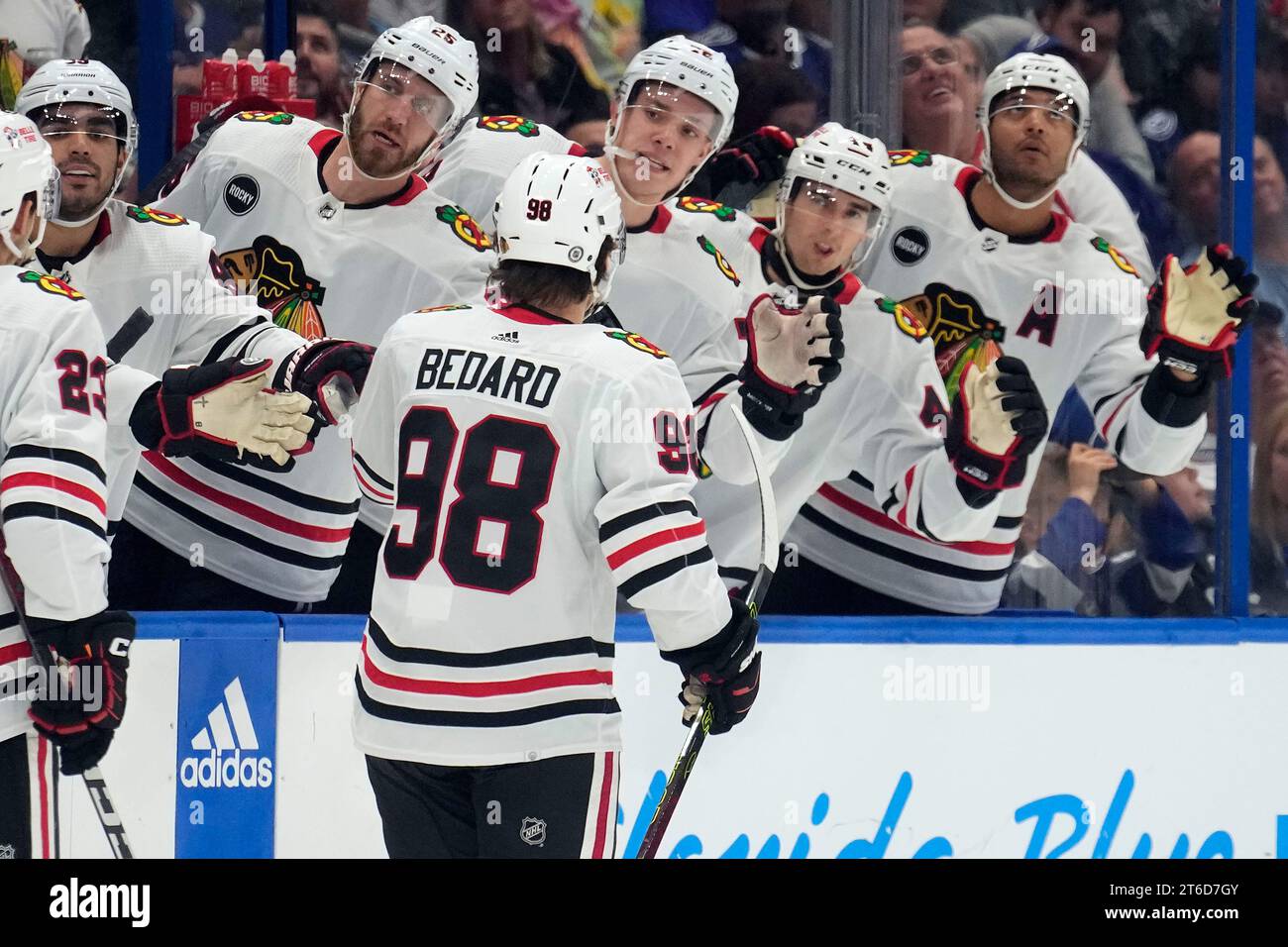 Chicago Blackhawks center Connor Bedard (98) celebrates with the bench ...