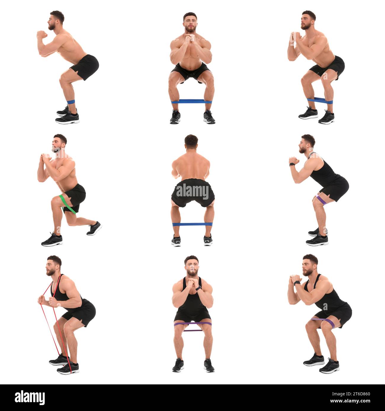 Athletic man doing different exercises with elastic resistance band on ...