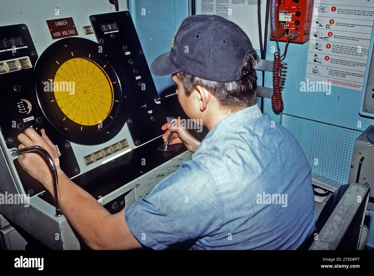 USS Conquest (MSO-488) mine detection and classification console Stock ...