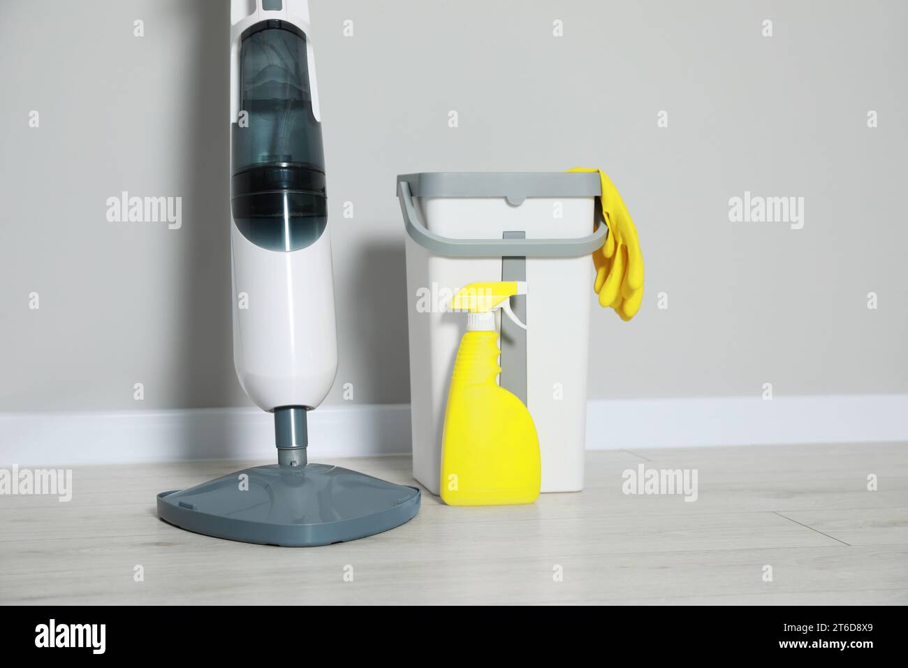 Modern steam mop, bucket with gloves and spray of cleaning product on ...