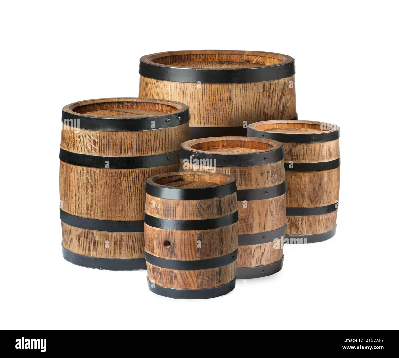 Set of many wooden barrels on white background Stock Photo - Alamy