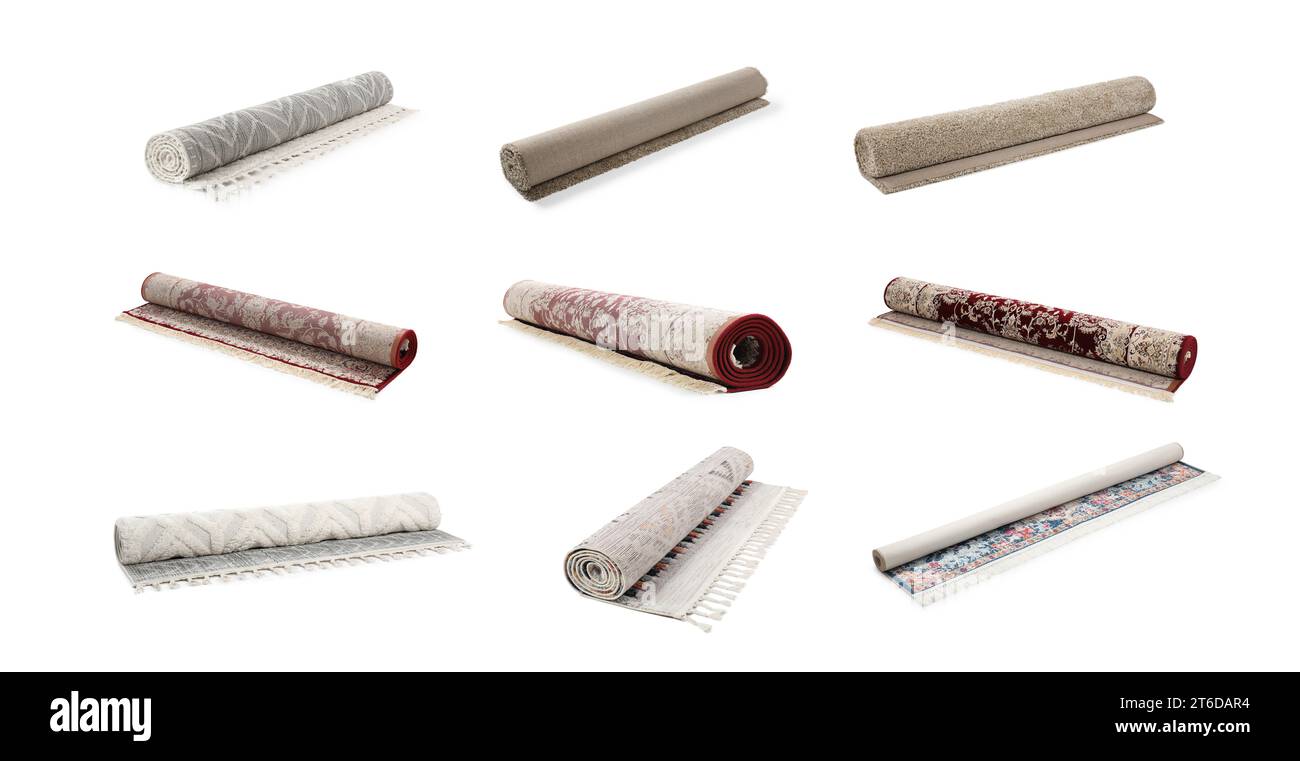 Many different rolled carpets isolated on white, set Stock Photo - Alamy