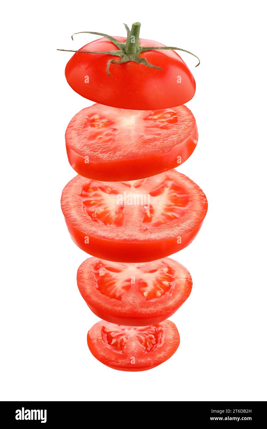 Cut red tomato isolated on white. Vertical order of slices Stock Photo ...