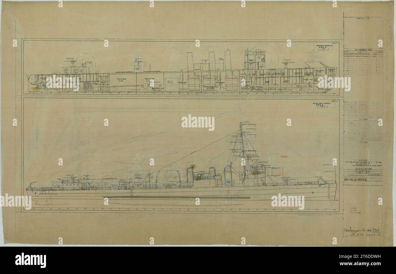 USS Elliot (DD-146)- Booklet of General Plans - Inboard Profile - Outboard Profile Stock Photo ...