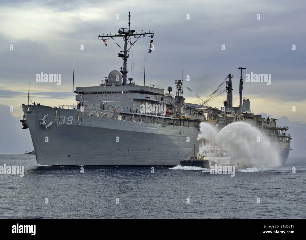 USS Emory S. Land (AS-39) arrives at Diego Garcia in December 2013 ...
